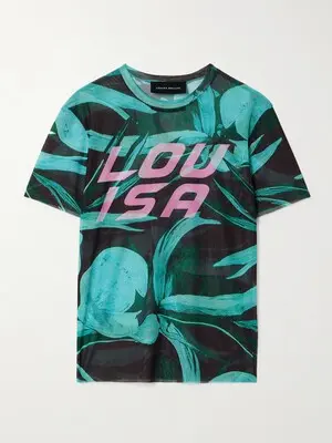 LOUISA BALLOU Printed Stretch-mesh T-shirt - Blue