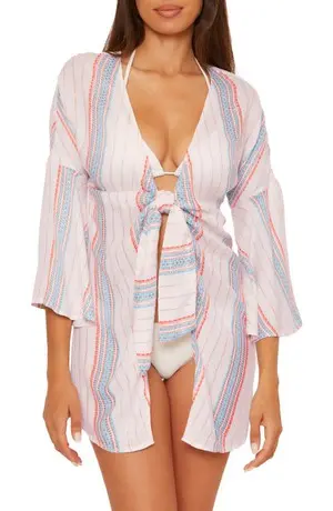 BECCA® By Rebecca Virtue Radiance V-neck Long Sleeve Cover-up Tunic - White/ Coral/ Oasis Stripe