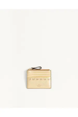 Valentino Garavani Rockstud Laminated Grainy Calfskin Card Holder With Zipper - Natural