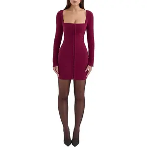 House Of Cb Selene Long Sleeve Mini Dress - Beet Red