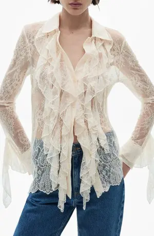 Mango Ruffled Sheer Lace Shirt