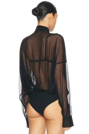 Norma Kamali Super Oversized Boyfriend Shirt Bow Bodysuit - Black