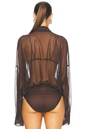 Norma Kamali Super Oversized Boyfriend Shirt Bow Bodysuit - Espresso