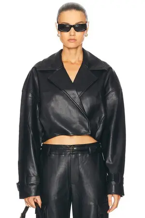 SEROYA Koda Faux Leather Cropped Trench - Black