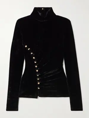 Rabanne Embellished Velvet Turtleneck Top - Black