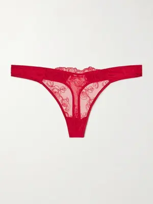Kiki De Montparnasse La Rose Embroidered Tulle And Stretch-silk Charmeuse Thong - Red