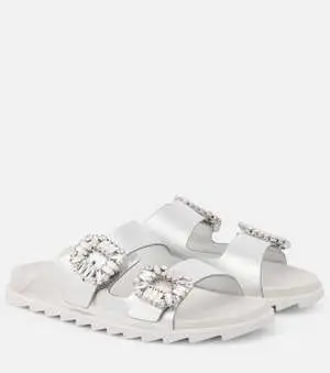 ROGER VIVIER Crystal-embellished Leather Slides - Silver