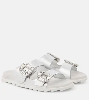 ROGER VIVIER Roger Vivier Crystal-Embellished Leather Slides Silver