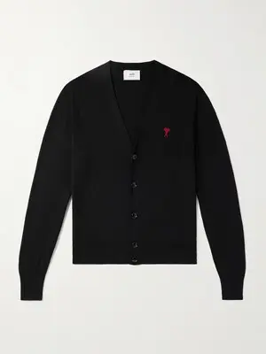AMI Paris Slim-fit Logo-embroidered Merino Wool Cardigan