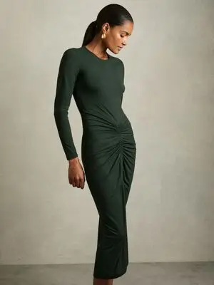 REISS Ginny Petite Ruched Jersey Midi Dress - Green