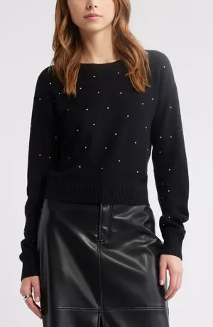 OPEN EDIT Rhinestone Embellished Sweater - Black