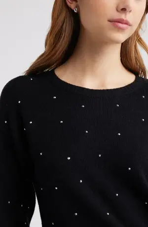 OPEN EDIT Rhinestone Embellished Sweater - Black