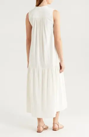 Elan Tiered Cotton & Linen Maxi Dress With Tassel Ties