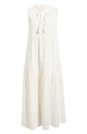Elan Tiered Cotton & Linen Maxi Dress With Tassel Ties