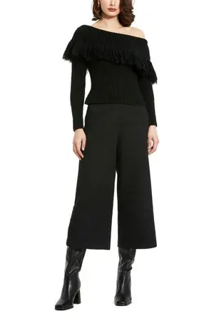 Mac Duggal Off-the-shoulder Fringe Knit Sweater