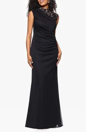 Betsy & Adam Lace Trim Asymmetric Ruched Gown
