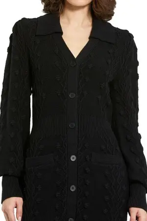 Mac Duggal Long Sleeve Bobble Knit Button-up Dress - Black