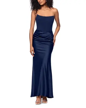 Aqua Long Scuba Strapless Gown - Navy