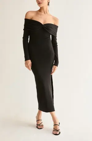 CRESCENT Off-shoulder Sweater Midi Dress - Black