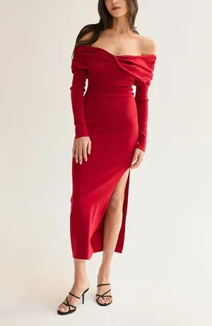 CRESCENT Off-shoulder Sweater Midi Dress - Ruby
