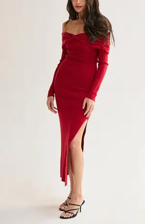 CRESCENT Off-shoulder Sweater Midi Dress - Ruby