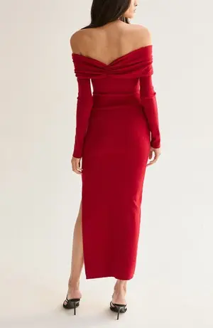 CRESCENT Off-shoulder Sweater Midi Dress - Ruby
