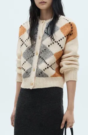 Mango Rombin Argyle Cardigan - Ecru