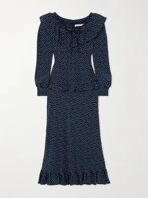 Alessandra Rich Ruffled Polka-dot Silk Crepe De Chine Midi Dress - Blue