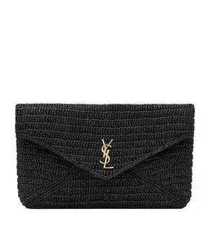 Saint Laurent Raffia Cassandre Envelope Pouch - Black