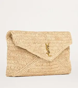 Saint Laurent Cassandre Raffia Envelope Pouch - Brown