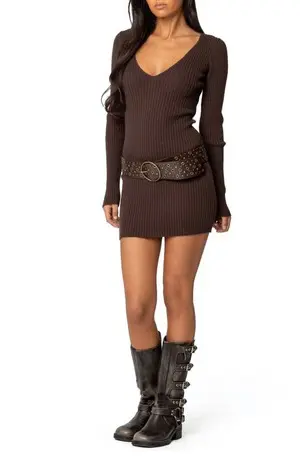 EDIKTED Ribbed Long Sleeve Mini Sweater Dress