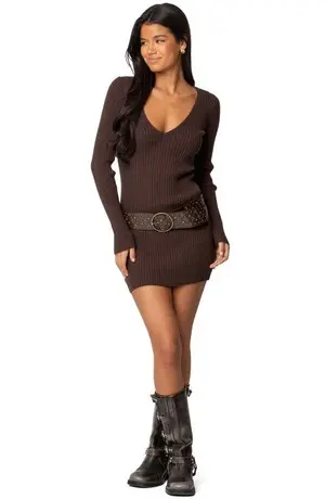 EDIKTED Ribbed Long Sleeve Mini Sweater Dress