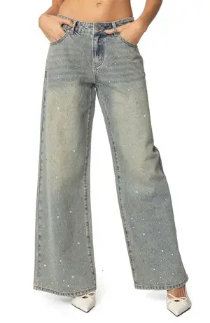 EDIKTED Low Rise Rhinestone Wide Leg Jeans - Gray