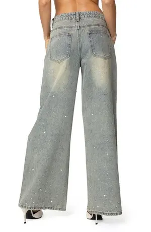 EDIKTED Low Rise Rhinestone Wide Leg Jeans - Gray