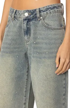 EDIKTED Low Rise Rhinestone Wide Leg Jeans - Gray