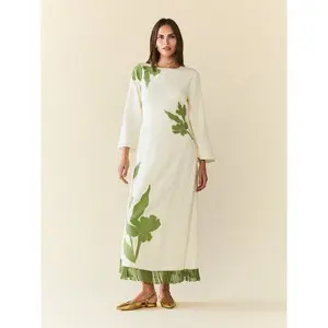 EDDY Ariana Fringe Hem Maxi Dress - Ivory With Green Applique