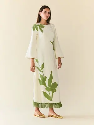 EDDY Ariana Fringe Hem Maxi Dress - Ivory With Green Applique