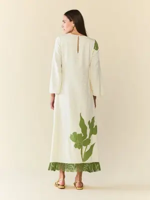 EDDY Ariana Fringe Hem Maxi Dress - Ivory With Green Applique