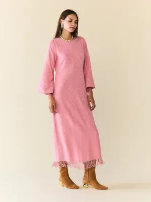 EDDY Jacquard Midi Dress With Fringe Hem - Raspberry