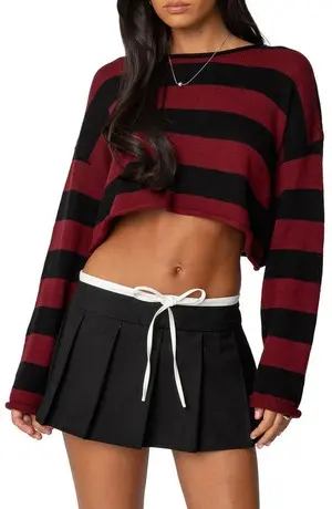 EDIKTED Shyrah Stripe Oversize Knit Crop Top - Burgundy-and-black