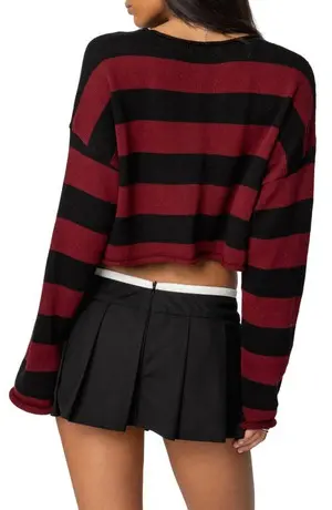 EDIKTED Shyrah Stripe Oversize Knit Crop Top - Burgundy-and-black