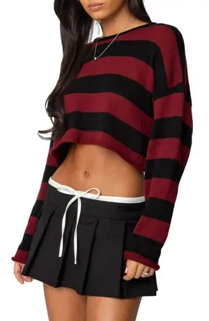 EDIKTED Shyrah Stripe Oversize Knit Crop Top - Burgundy-and-black