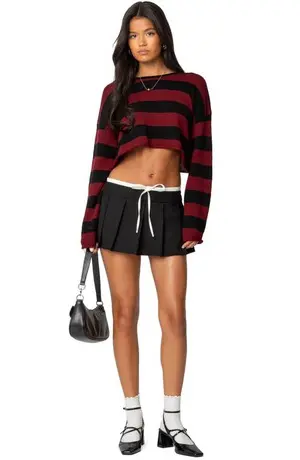 EDIKTED Shyrah Stripe Oversize Knit Crop Top - Burgundy-and-black