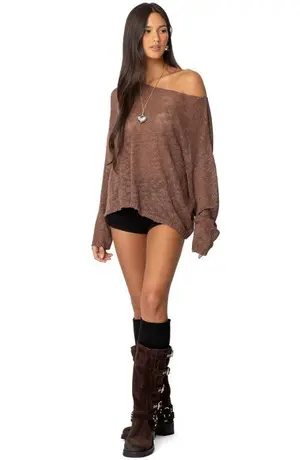 EDIKTED Bri Open Stitch Boat Neck Sweater - Brown