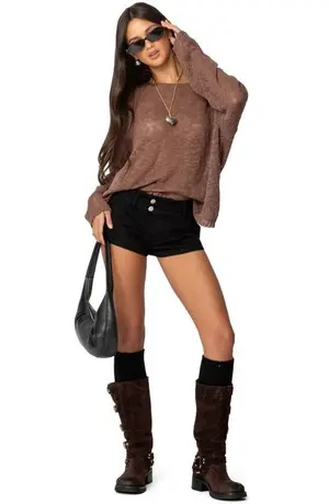 EDIKTED Bri Open Stitch Boat Neck Sweater - Brown