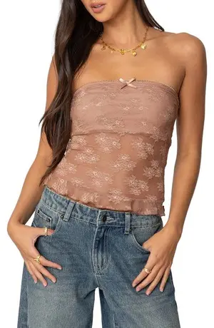 EDIKTED Ballet Floral Lace Crop Tube Top - Brown
