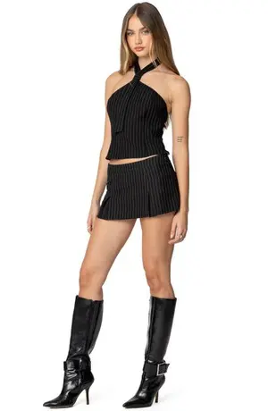 EDIKTED Karine Pinstripe Tie Halter Top