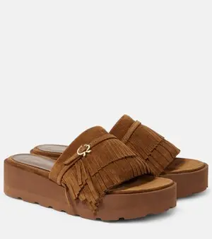 GIANVITO ROSSI Fringed Suede Slides - Beige