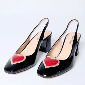 Unique Vintage Heart Leatherette Slingback Heels - Patent Black W/heart