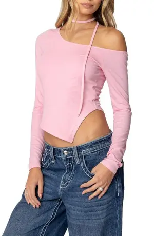 EDIKTED Long Sleeve Asymmetric Crop Top With Choker
